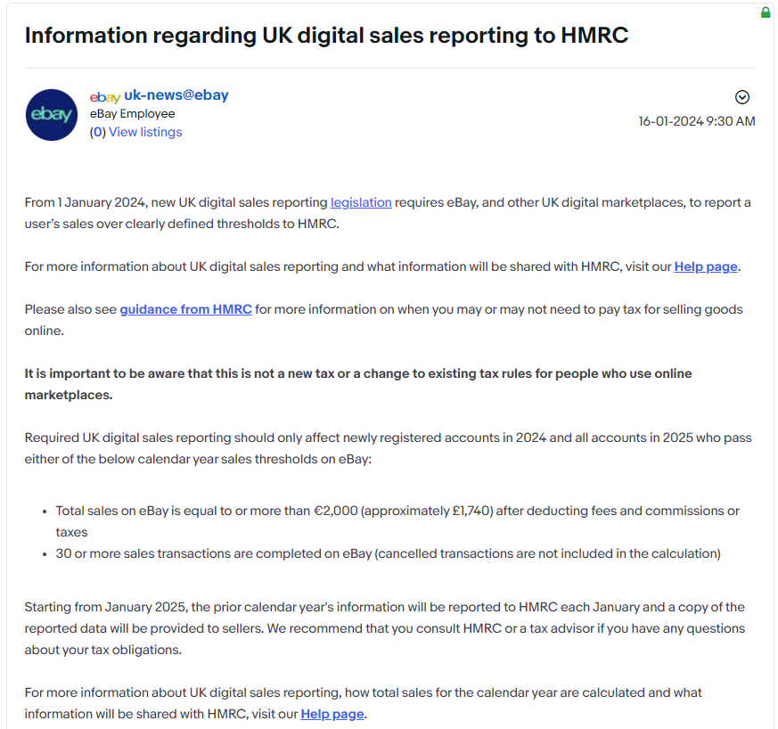 Ebay英国站发布有关向 HMRC 报告英国数字销售的信息-卖家之家